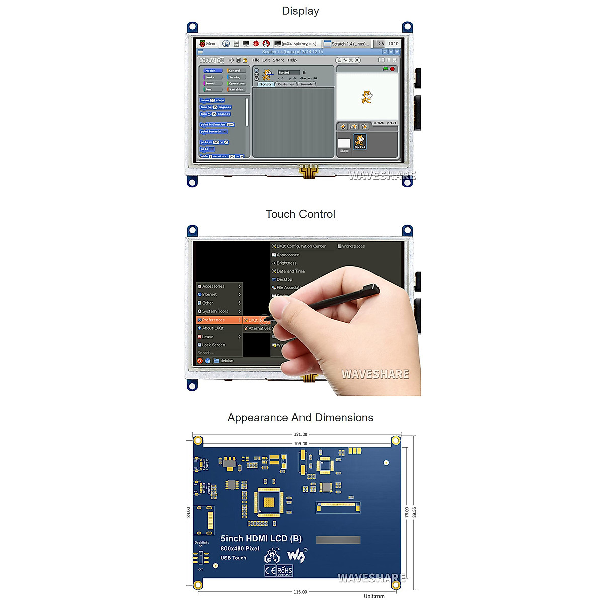 5 inch 800x480 Resistive Touch Screen HDMI interface custom Raspbian LCD mini PC Supports Raspberry Pi 3 2 1 Model B B+ A+ & BeagleBone Black & Banana Pi / Banana Pro @XYGStudy