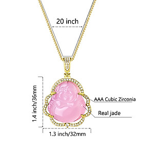 Buddha Pendant Pink Jade Buddha Necklace Silver Iced Out Bling Cubic Zirconia laughing Buddha Pendant Necklace