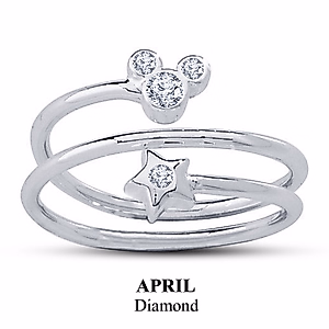 PB Collection Mickey Mouse Birthstone Adjustable Rings Gifts for Christmas in 925 Sterling Silver April