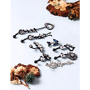 Vsnnsns 14G Belly Button Rings Belly Rings for Women Surgical Stainless Steel Skull Belly Piercing Jewelry Heart Butterfly Belly Button Ring Opal Navel Ring Barbell Body Jewelry Piercing Black