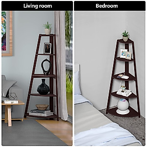 Corner Shelf, TopMade 5-Tier Corner Shelf Stand Industrial Ladder Bookcase Small Storage Rack Bookshelf Float Corner Shelves Wood Furniture Plant Stand for Living Room Kitchen Home Office-Rustic Brown