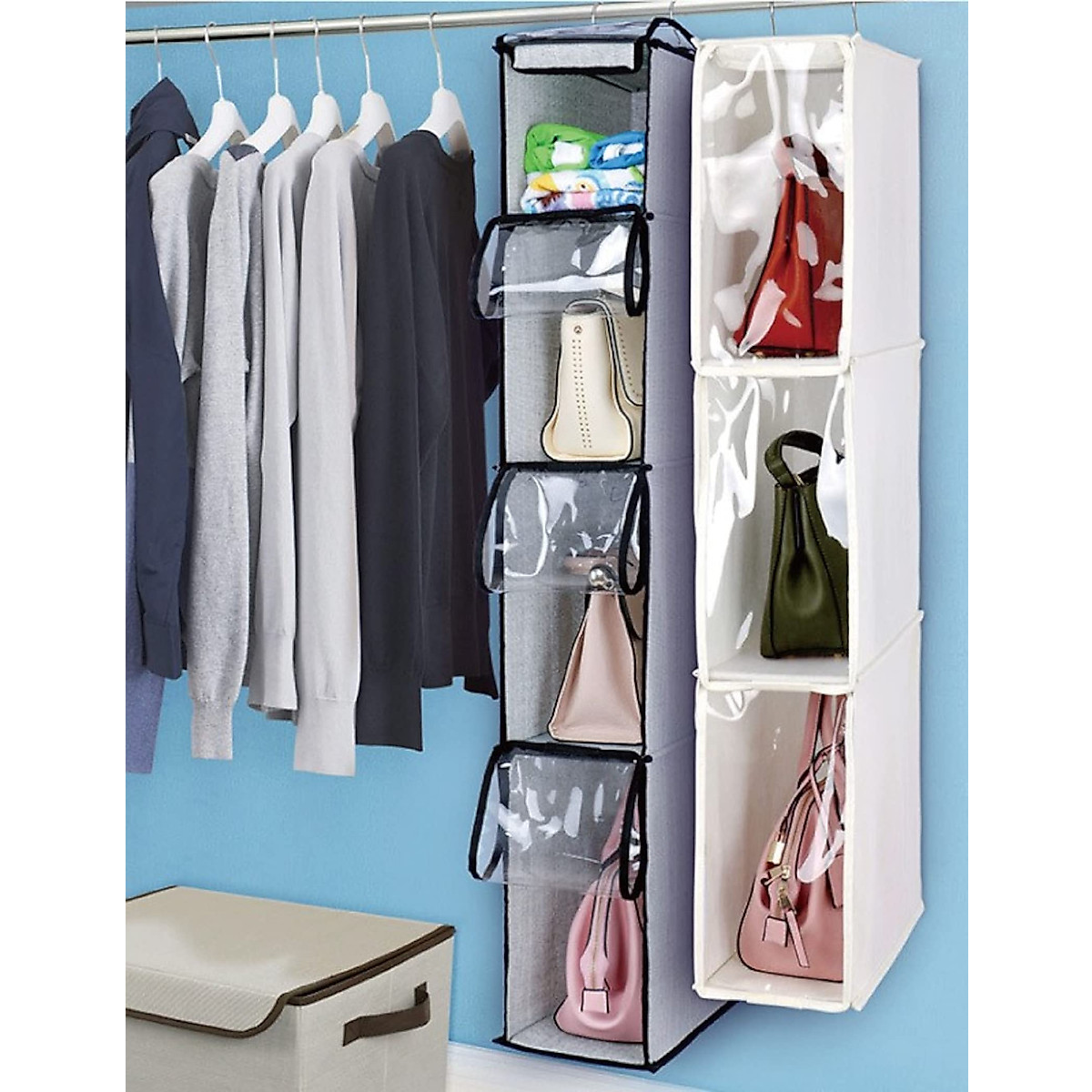 Japarismo Hanging Handbag Purse Closet Organizer Dust Shield Storage Systems Clothing Accessories Rack Dustproof Cover Shelves (Light Gray, 3 Shelves)