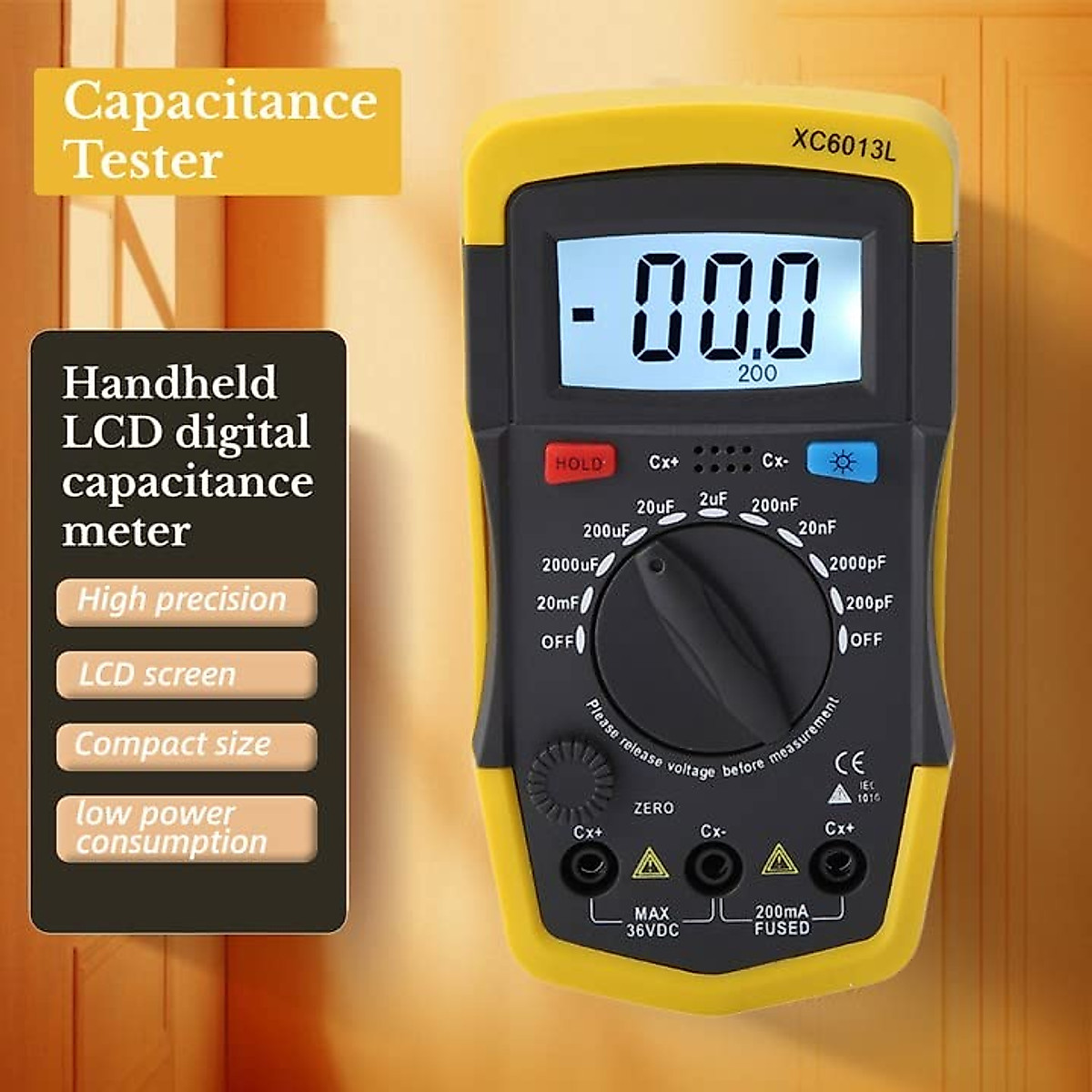 Portable Capacitance Meter,0.1pF - 20000uF Digital Capacitor Tester,with LCD Display and 2 Electroprobe,High Accurate and Low Power Consumption