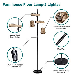 Boho Floor Lamp 2-Lights Floor Lamp with Rattan Lampshades,Farmhouse Floor Lamps indenpendant Control Switch,Rustic Tall Standing lamp 68 Inch,Unique Floor Lamps for Living Room Bedroom Office