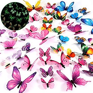 48 Pieces Luminous 3D Glow in The Dark Butterfly Wall Decors Decal Removable Ceiling Butterfly Stickers DIY Art Crafts for Nursery Living Room Bedroom Home Decoration (Pink, Purple, Multi-Colors)