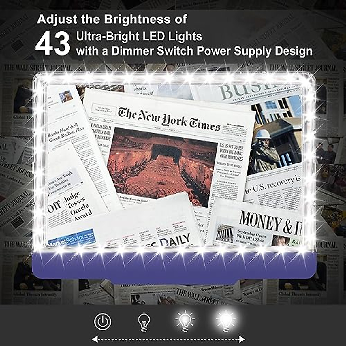 Upgrade Page Magnifying Glass for Reading - 5X Rechargeable Large Lens Magnifier Full Page Rectangular Reading Magnifier 43 LED with Light for Book and Low Vision Person