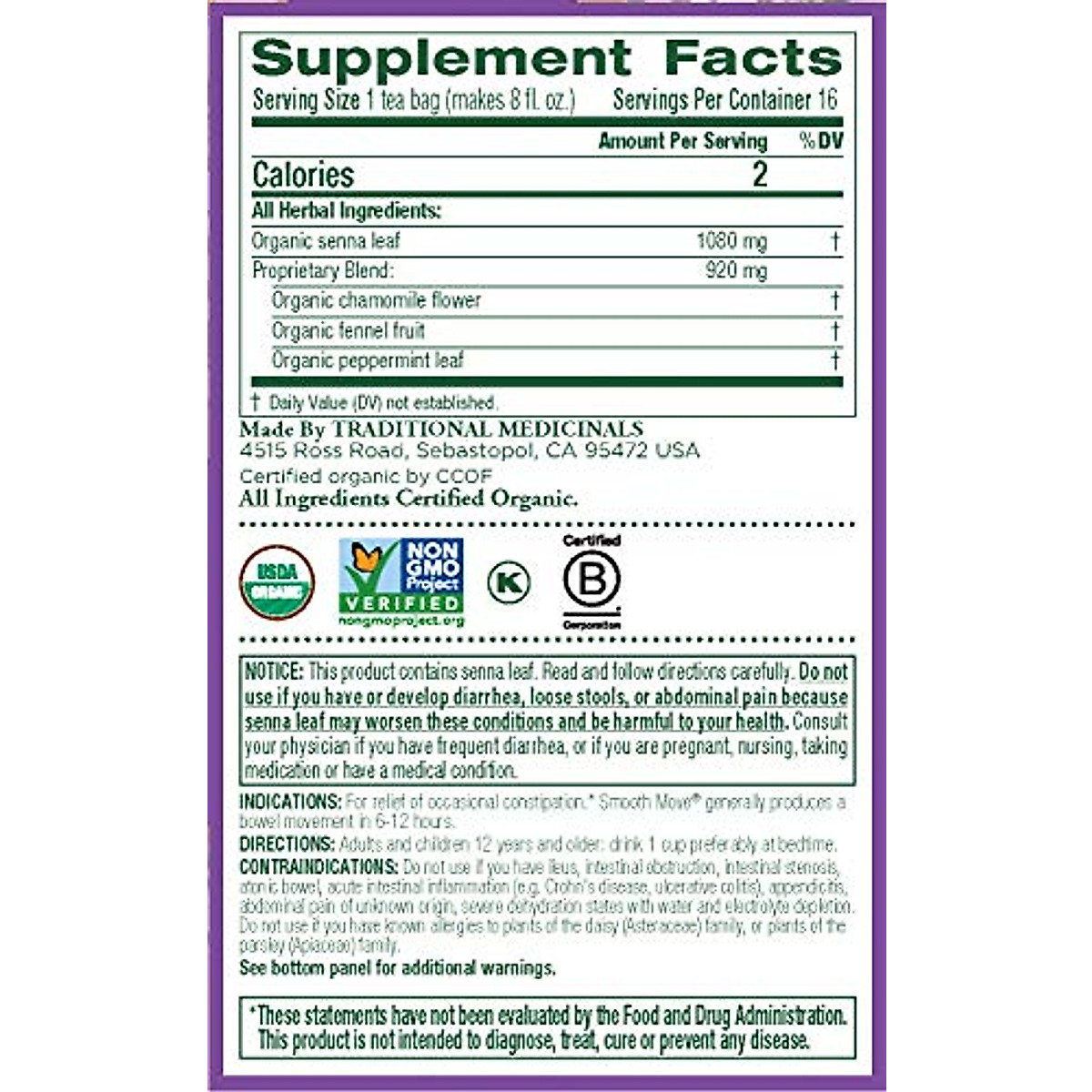 Traditional Medicinals - Organic Smooth Move Senna Chamomile Tea 16 Count (Pack of 6) - Herbal Laxative - Gentle Overnight Relief of Occasional Constipation - Caffeine Free - 96 Tea Bags Total