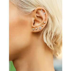 Flat Back Earrings for Women Hypoallergenic: 5 Pairs 14K Gold Tiny Stud Earrings in Stainless Steel Lightweight Round Star Square Heart Triangle Cubic Zirconia Earrings Studs for Lobe, Cartilage, Helix (14K Gold Plated)