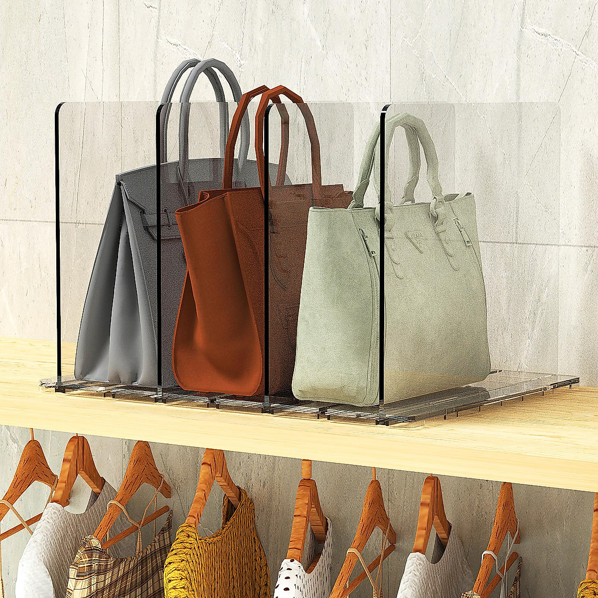 frtzal Purse Organizer for Closet, Shelf Dividers for Closet Organization Adjustable Plastic Handbag Organizers for Closets Purse Storage Organizer (4 layers Tra)