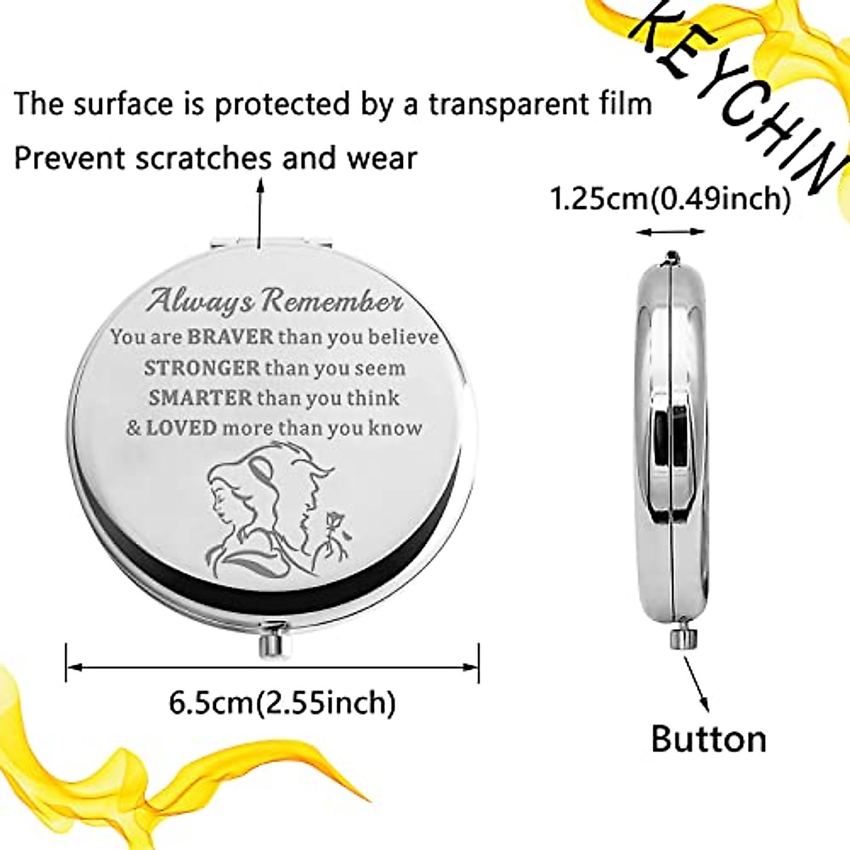 KEYCHIN Beauty Beast Movie Pocket Mirror Princess Belle Fans Gifts Always Remember You are Braver Stronger Smarter Than You Think Compact Makeup Mirror for Women Girls Teenagers (Beauty Beast Mirror)