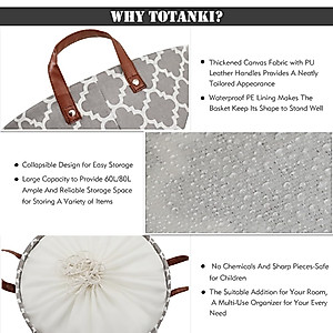 TOTANKI 60L Large Laundry Basket with Durable Leather Handle, Thickened Drawstring Round Collapsible Laundry Hamper, Dirty Clothes Storage Basket for Bedroom, Bathroom, College Dorm (Grey, L)