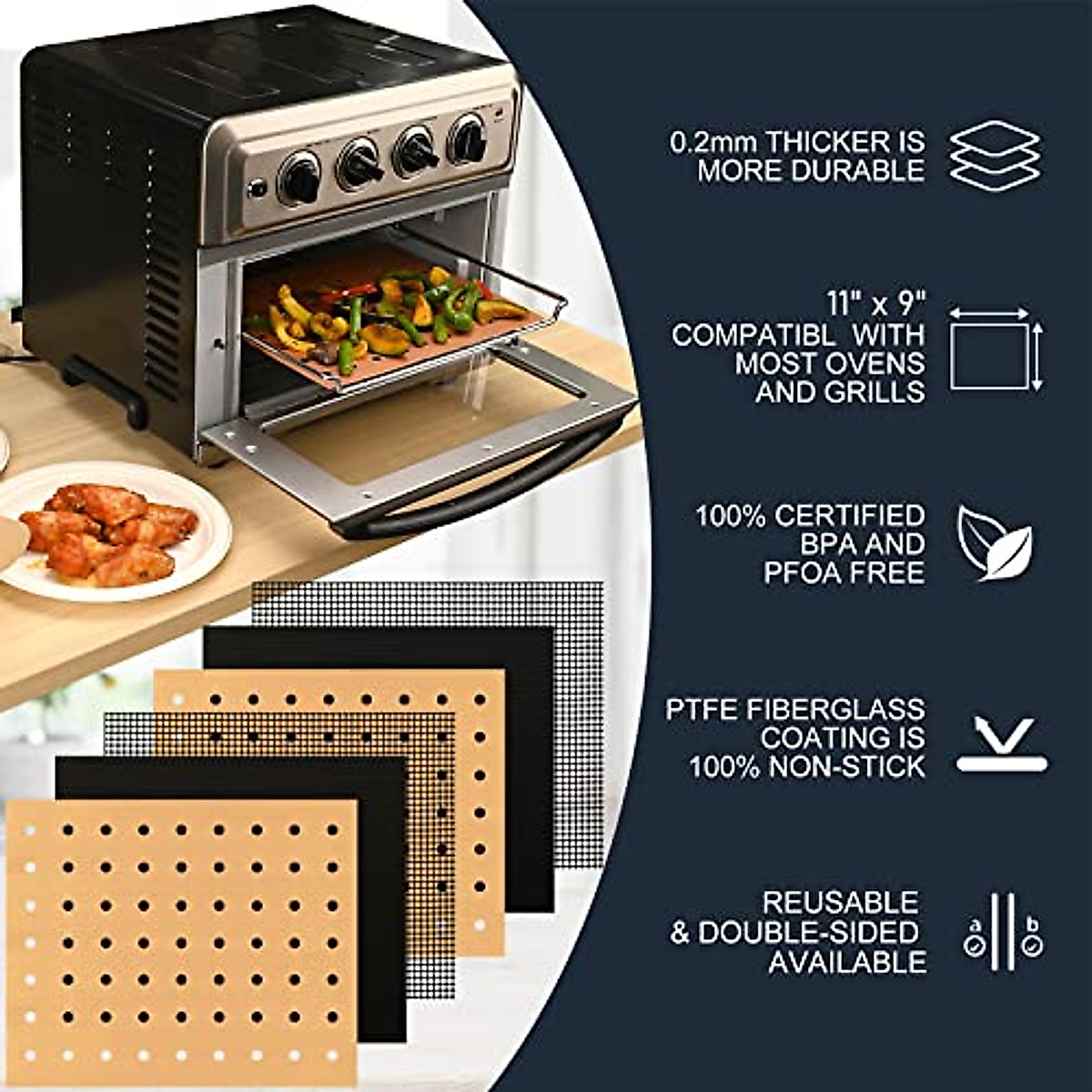 WMKGG 6 Pack Air Fryer Oven Liners Set, 9 x 11 Inch Reusable Non-Stick Toaster Oven Mats Compatible with Cuisinart, Breville, Ninja Foodi, Kalorik, Emeril Lagasse
