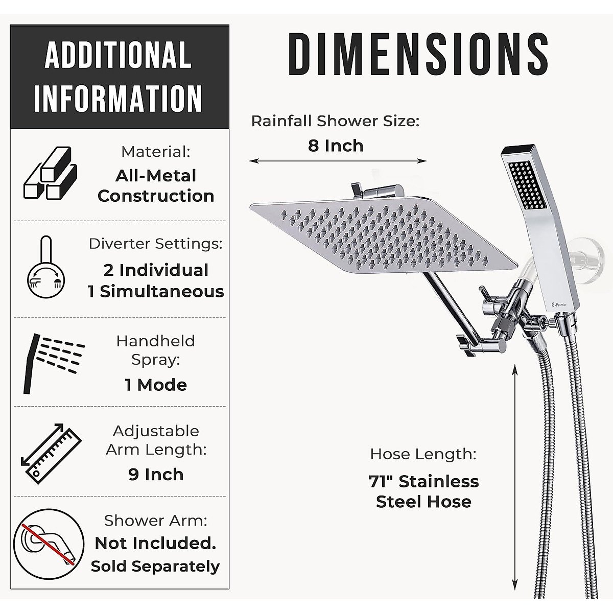 G-Promise All Metal Dual Square Shower Head Combo | 8" Rain Shower Head | Handheld Shower Wand with 71" Extra Long Flexible Hose | Smooth 3-Way Diverter | Adjustable Extension Arm - A Bathroom Upgrade