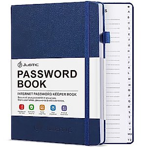 JUBTIC Password Book with Individual Alphabetical Tabs, 7"x10" Internet Password Keeper Book for Seniors, Password Notebook and Organizer/Notes Section, Navy Blue