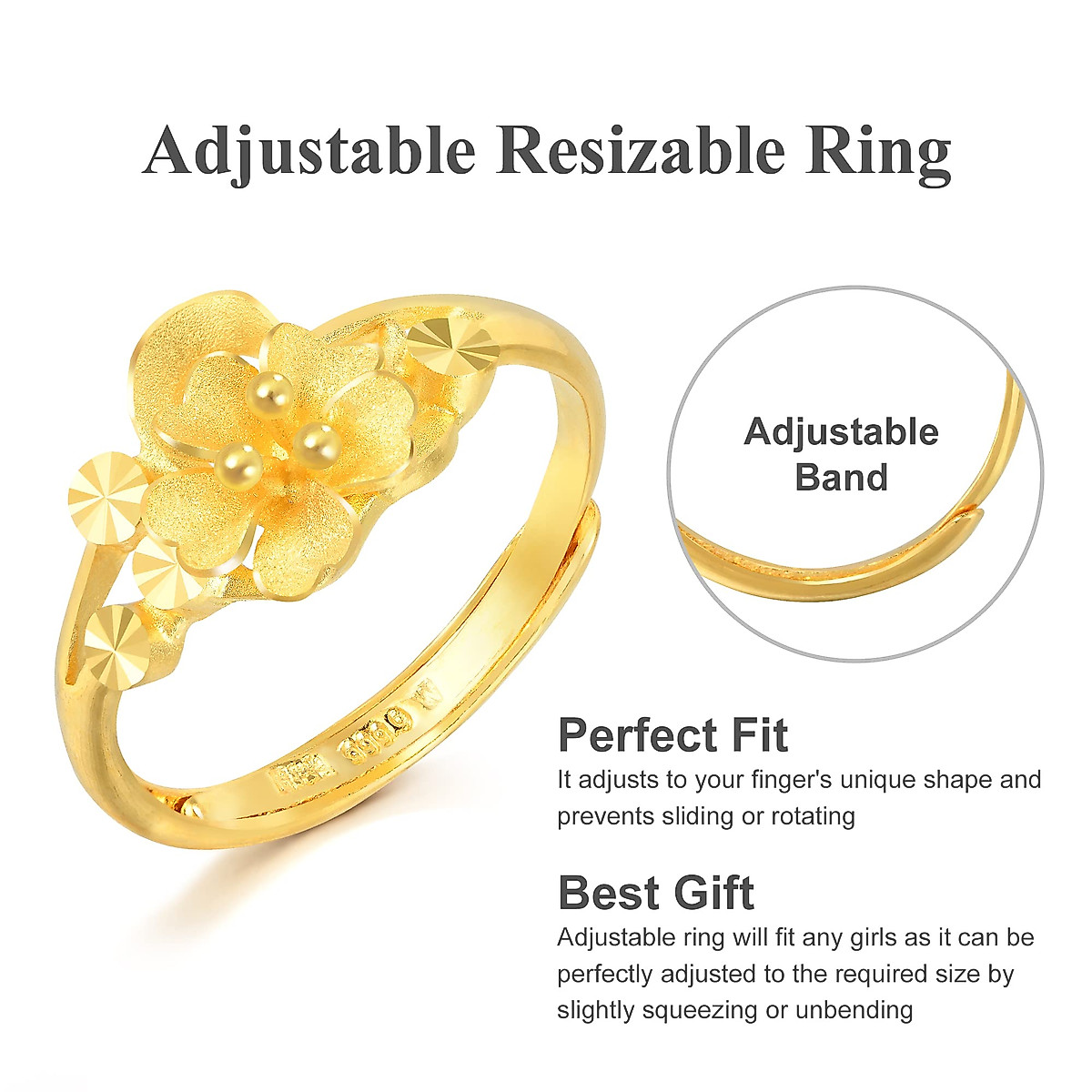 CHOW SANG SANG 999.9 24K Gold Price-by-Weight 3.74g Gold Floral Ring (Adjustable) for Women and Wedding Occasion 69462R