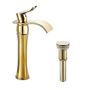 GGStudy Single Handle One Hole Bathroom Vessel Sink Faucet Matching Pop Up Drain Without Overflow Gold Finish
