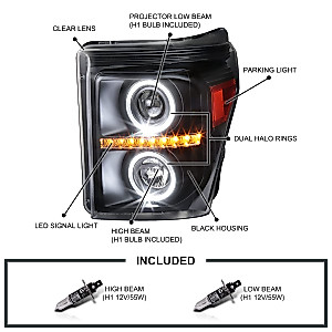 SPEC-D TUNING Black LED Halo Projector Headlights Compatible with 2011-2016 Ford F250/F350/F450/F550 Super Duty Left + Right Pair Headlamps Assembly