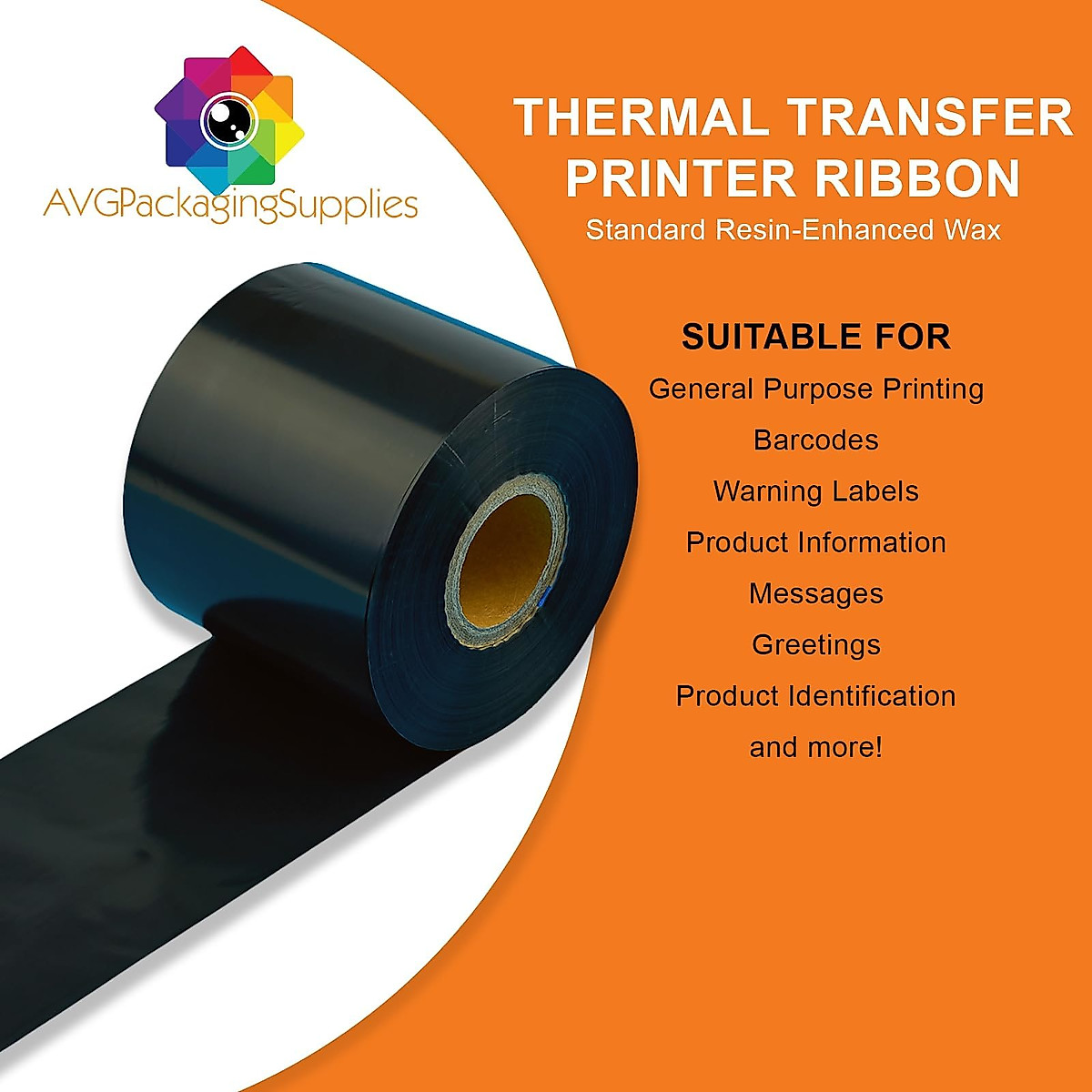 AVG Packaging Supplies 24-Rolls of Brand Name Compatible Thermal Transfer Printer Ribbon 4.33" x 1476'/110mm x 450m Black Standard Resin-Enhanced Wax Ribbons. Free and Same Day Shipping.