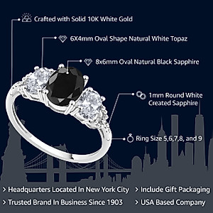 Gem Stone King 10K White Gold Black Sapphire White Topaz and Diamond Accent 3-Stone Engagement Ring | 2.71 Cttw | 3 Stone Wedding Anniversary Promise Ring For Women (Size 8)