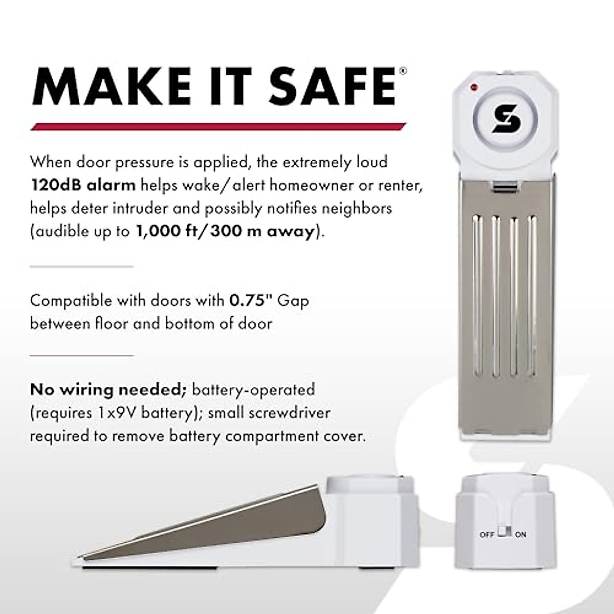 SABRE 120 dB Wedge Door Stop Security Alarm, Extremely Loud Wireless Alarm Siren Audible Up To 1,500 Ft., Non-Skid Pad, Compact Alarm Great for Home, Travel, Apartment or Dorm