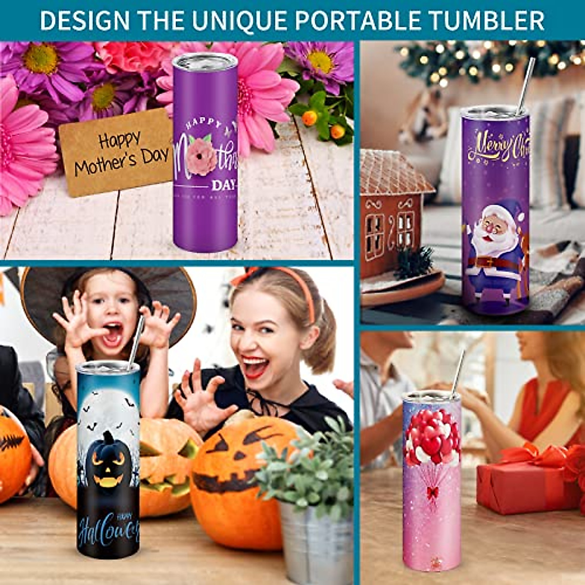 MAFYE Sublimation Tumblers, 6pack 20 oz Skinny Straight Tumbler with Straw Lids, Sublimation Shrink Wrap & Tumbler Cards Sublimation Blanks Product Stainless Steel Tumbler for Mug Press, Present Box