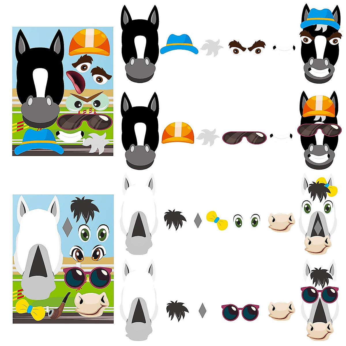 Horse Race 36Pcs Make a Horse Stickers for Kids, Make-a-Face Sticker Derby Party Supplies DIY Horse Face Fun Match Sticker Craft Game Race Horse Game Kids Baby Shower Game Birthday Party Gift