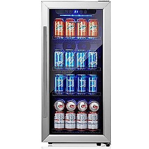 Phiestina Beverage Refrigerator 100 Cans Beverage Cooler 16 inch Mini Juice Beer Fridge Freestanding Low Noise/Auto Defrost Function Glass Door Removable Shelves for Home Bar Office
