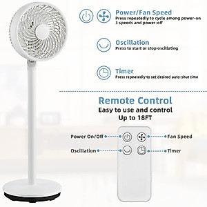 GOFLAME Pedestal Floor Fan with Remote Control, Portable Standing Fan with 85° Oscillation, 100° Tilt, 3 Wind Speeds and 7H Timer, Quiet Cooling Fan for Bedroom Living Room Home Office