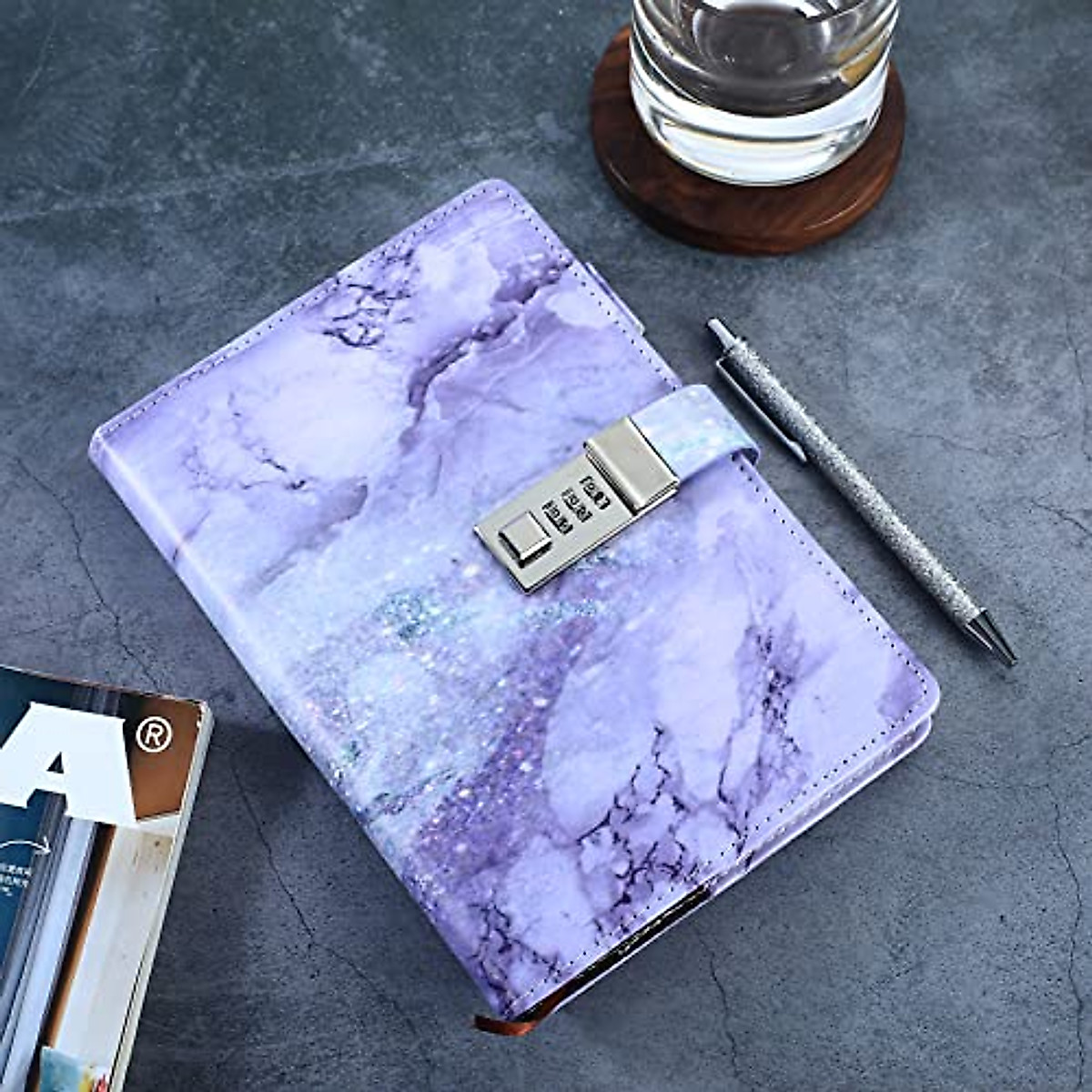 Diary with Lock for Girls and Women, Lock Diary for Teen Girls with Leather Cover and Pen holder, Size A5 Password Notebook with Combination Lock, Sparkly Silver Writing Pen included (Purple 2)