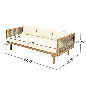 Merax 67.5" Outdoor Patio Daybed 3 Seater Sofa Bed,Acacia Wood Frame with Rattan Arm,Cushion & Pillow