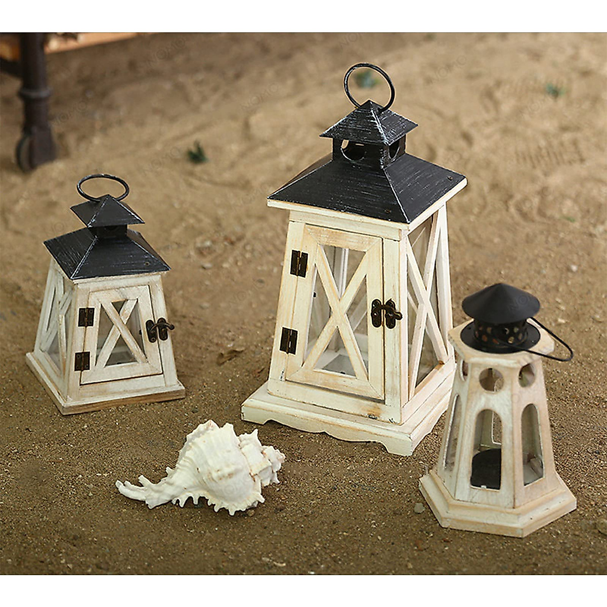 Decorative Candle Lantern Vintage Wood Lanterns with Glass Rustic Hanging Candle Holders Decor for Farmhouse Outdoor Garden Home