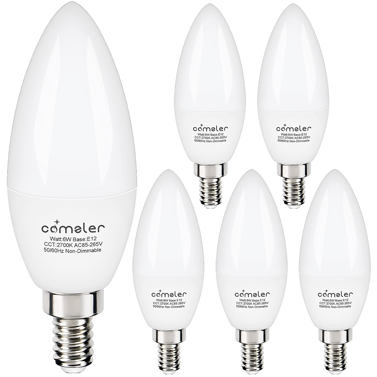 comzler E12 Led Bulb, Small LED Candelabra Bulbs 60W Equivalent, Warm White 2700K Ceiling Fan Light Bulbs, Type B Shape Chandelier , Pack of 6, Non-Dimmable