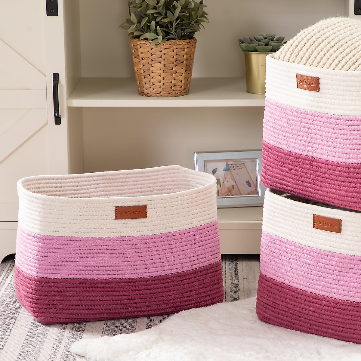 PHI VILLA Large Cotton Rope Basket, Woven Nursery Laundry Blanket Basket Toy Basket with Handles for Storage, Living Room, 15 x 10 x 8 inches, ‎Gradient Pink, 1-Pack
