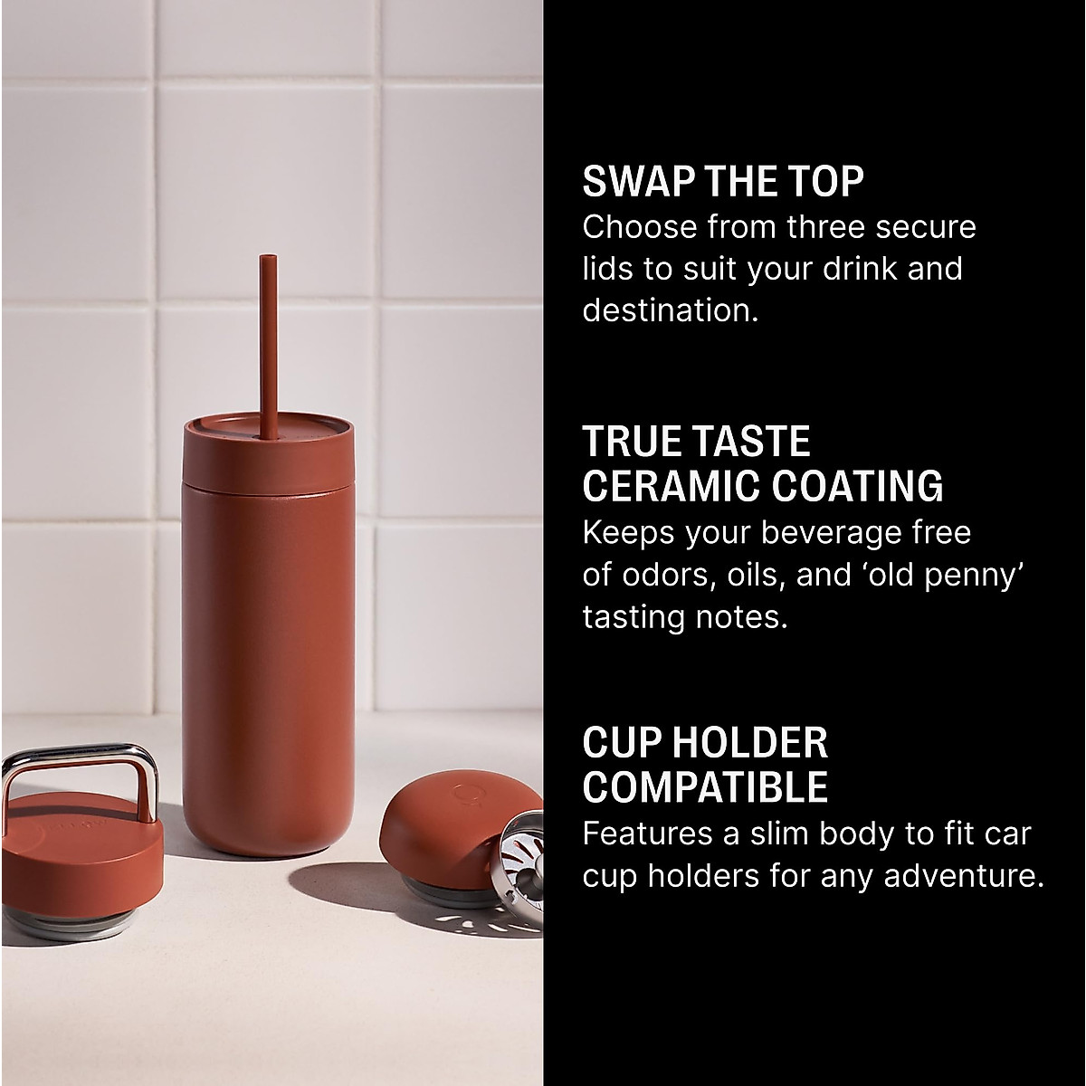 Fellow 16 oz Carter Bundle (3 in 1) Travel Mug with Carry Handle, Move & Cold Lids with Straw - To-Go Coffee Tumbler, Ceramic Interior & Vacuum-Insulated Stainless Steel - Coffee Cups-Sienna