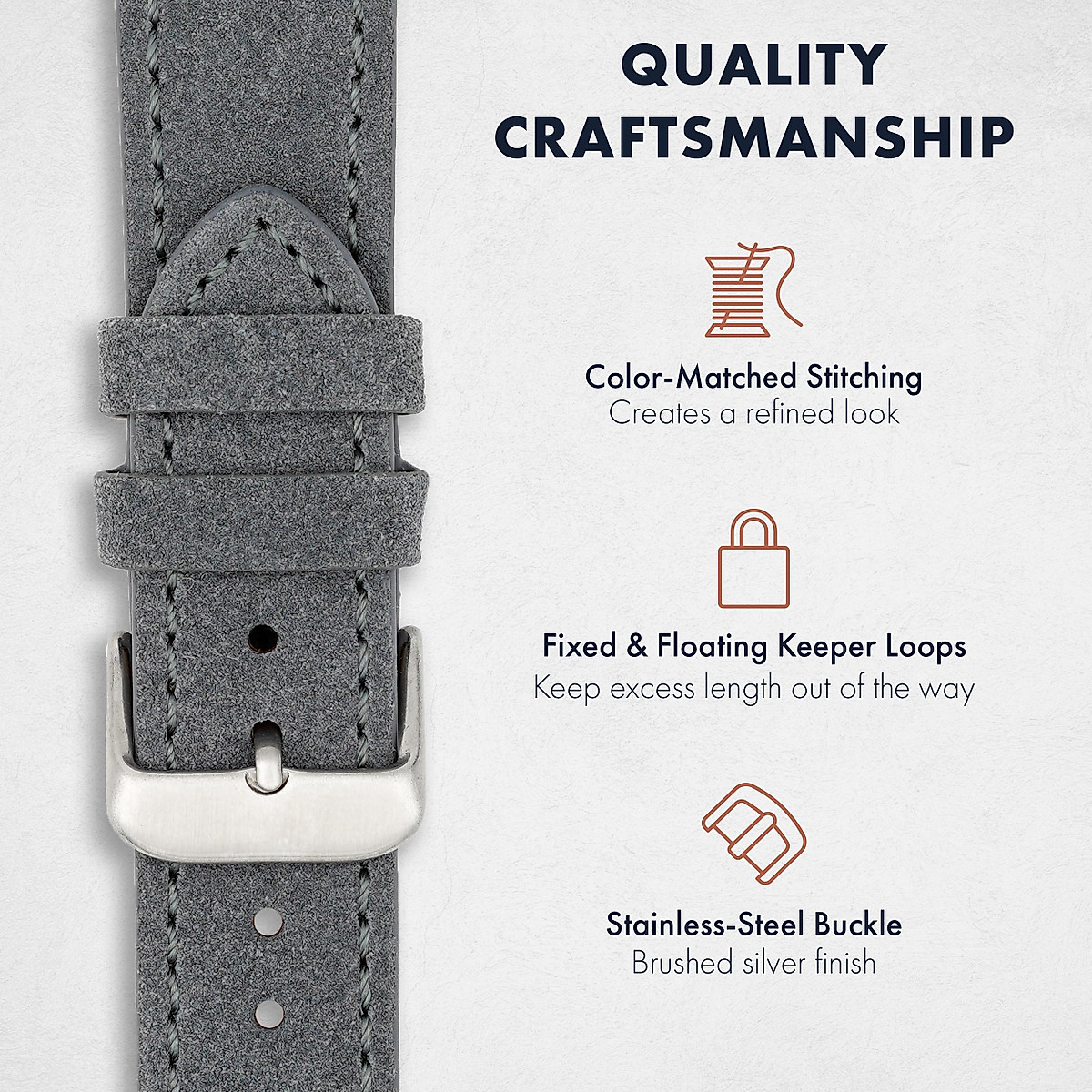 Benchmark Suede 20mm Leather Watch Band – 20mm Quick Release Watch Band with Stainless-Steel Buckle & 9 Adjustable Holes – Grey Leather Watch Bands for Men & Women (20mm, Grey)
