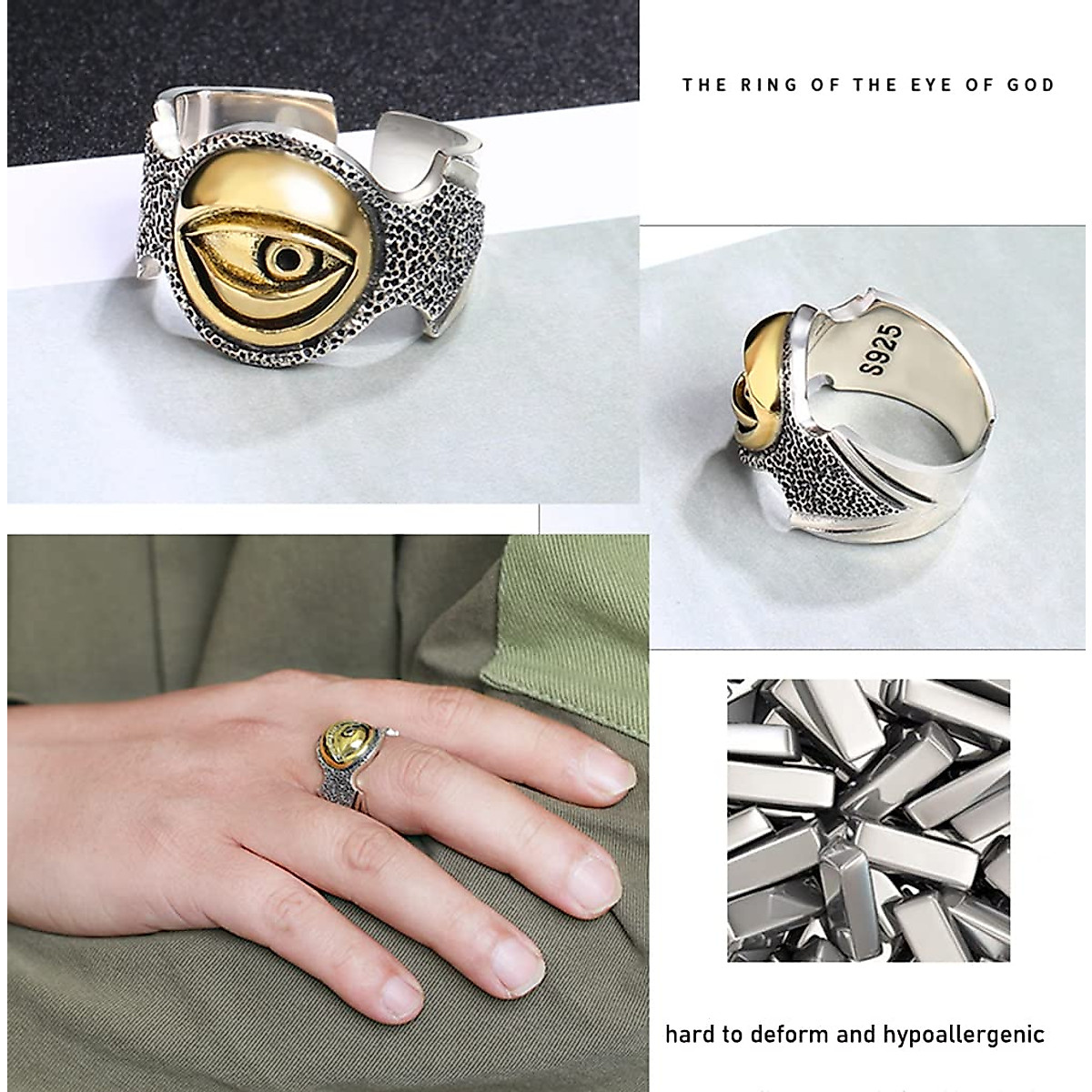 Open All Seeing Eye of God Ring for Men, Adjustable Vintage Crossbones Geometry Silver Engraved Golden Eye of God Ring, Personalized All Seeing Ring Friendship Christmas Jewelry Gifts for Men Women