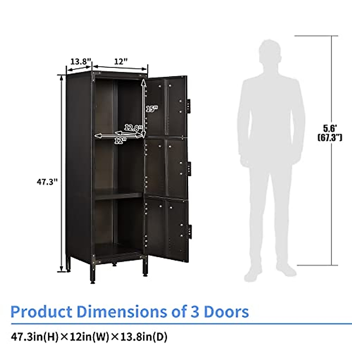 Yizosh Metal Locker with 3 Lockable Doors, Industrial Steel Storage Lockers for Employees - 47.3" Locker Storage Cabinets for School, Gym, Home, Office, Garage