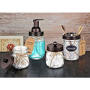 4pcs & 4pcs Bronze Mason Jar Bathroom Accessories Set - 2 Foaming Soap Dispenser& 2 Qtip Holder (regular mouth)&2 Cotton Swab Holder (wide mouth)&2 Toothbrush Holder-Rustic Farmhouse Decor Bathroom