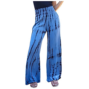 tuduoms Flowy Culottes Women's High Waisted Yoga Hippie Wide Leg Pant Tie Dye Print Lightweight Palazzo Lounge Harem Trousers Blue