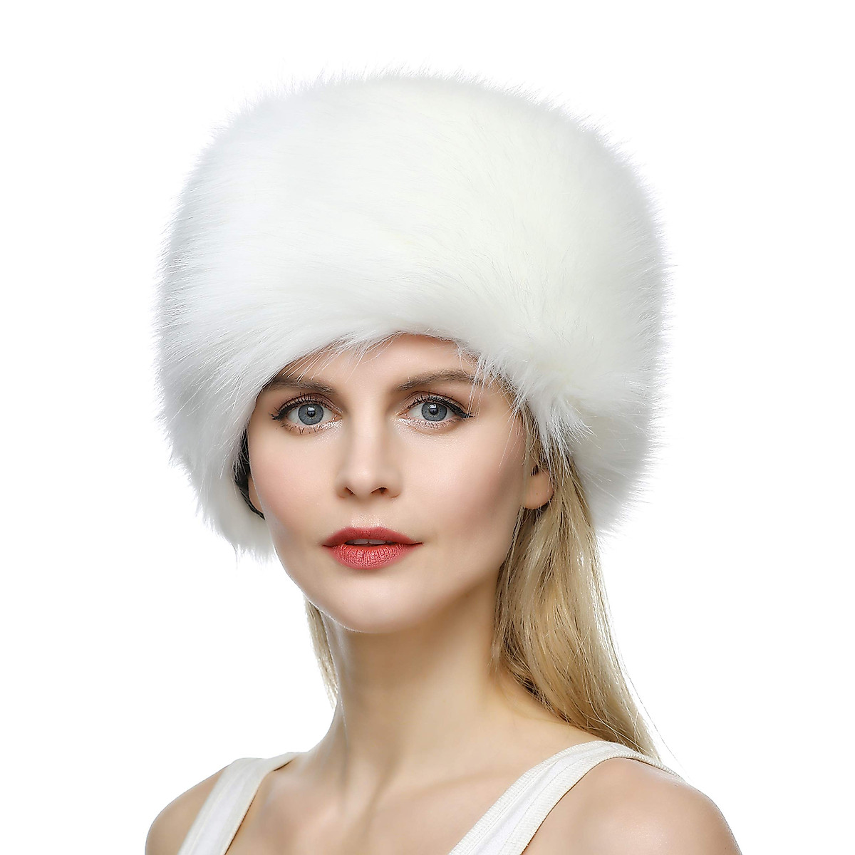 Dikoaina Faux Fur Cossack Russian Style Hat for Ladies Winter Hats for Women, White, Medium