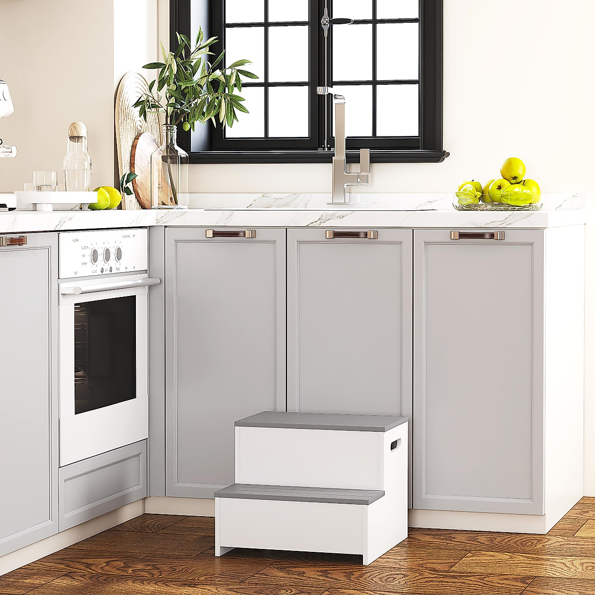 UTEX Toddler Step Stool,Wooden Kids Step Stool for Bathroom Sink, Extra Wide 9.45 inchs Two Step Stool for Kids with Non-Slip Mats and Handles, Kids Potty Training Stool for Kitchen Nursery Bedroom