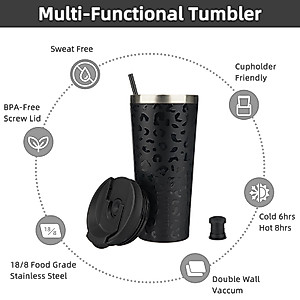 BJPKPK 22oz Insulated Tumbler With lid And Straw Stainless Steel Tumblers Travel Coffee Mug Reusable Thermal Cup,Black Leopard
