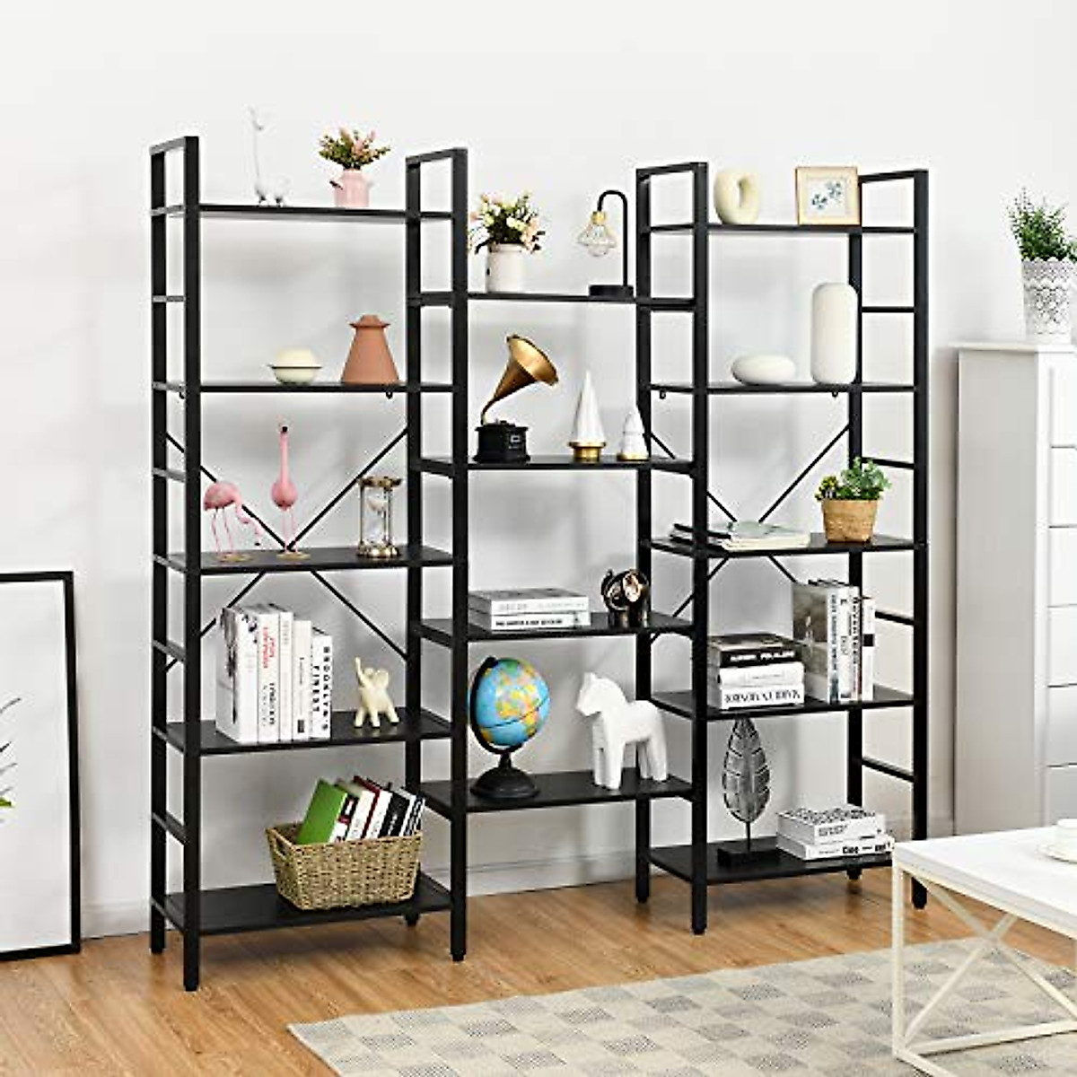 Tangkula Triple Wide 5-Tier Bookcase, Large Open Bookshelf, Display & Storage Shelf, Vintage Industrial Style Shelves with Metal Frame, Bookcase Furniture for Living Room, Study, Office (Black)