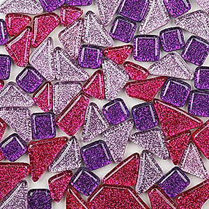 Mosaic Tiles for Crafts Assorted Color Glass Glitter Mosaic Supplies Pieces Bulk Square Square Triangle Rectangle Irregular Shape, 120 Pieces/200g (Red Pink Purple Mix)