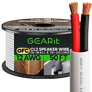 GearIT 12/2 Speaker Wire (50 Feet) 12AWG Gauge - in Wall Audio Speaker Wire Cable / CL2 Rated / 2 Conductors - OFC Oxygen-Free Copper, White 50ft