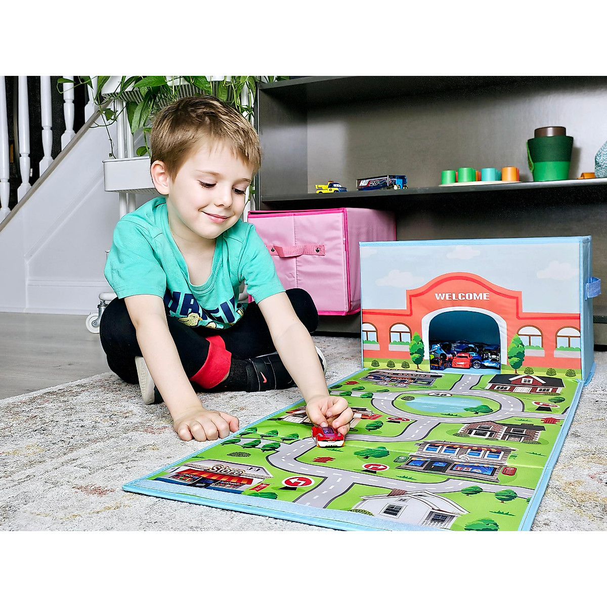 SAM AND MABEL Fabric Storage Organizer and Play Mat - Collapsible Storage Box, Foldable Playmat and Stackable Storage Bin Basket with Handle (GoPlaces)