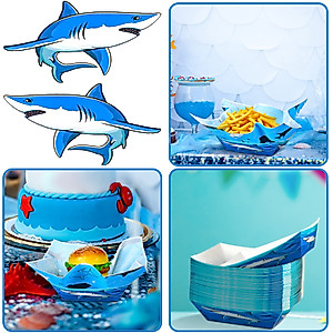 100 Pcs Shark Party Supplies Serves 50, Shark Paper Food Trays Food Boats with Wax Paper Sheets for Birthday Party Shark Party Favors Decoration