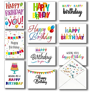 100 Happy Birthday Cards Bulk, Large 5x7 Inch Assorted, with Envelopes ,Stickers and Simple Greetings Inside , 10 Unique Designs, Thick Card Stock Box Set