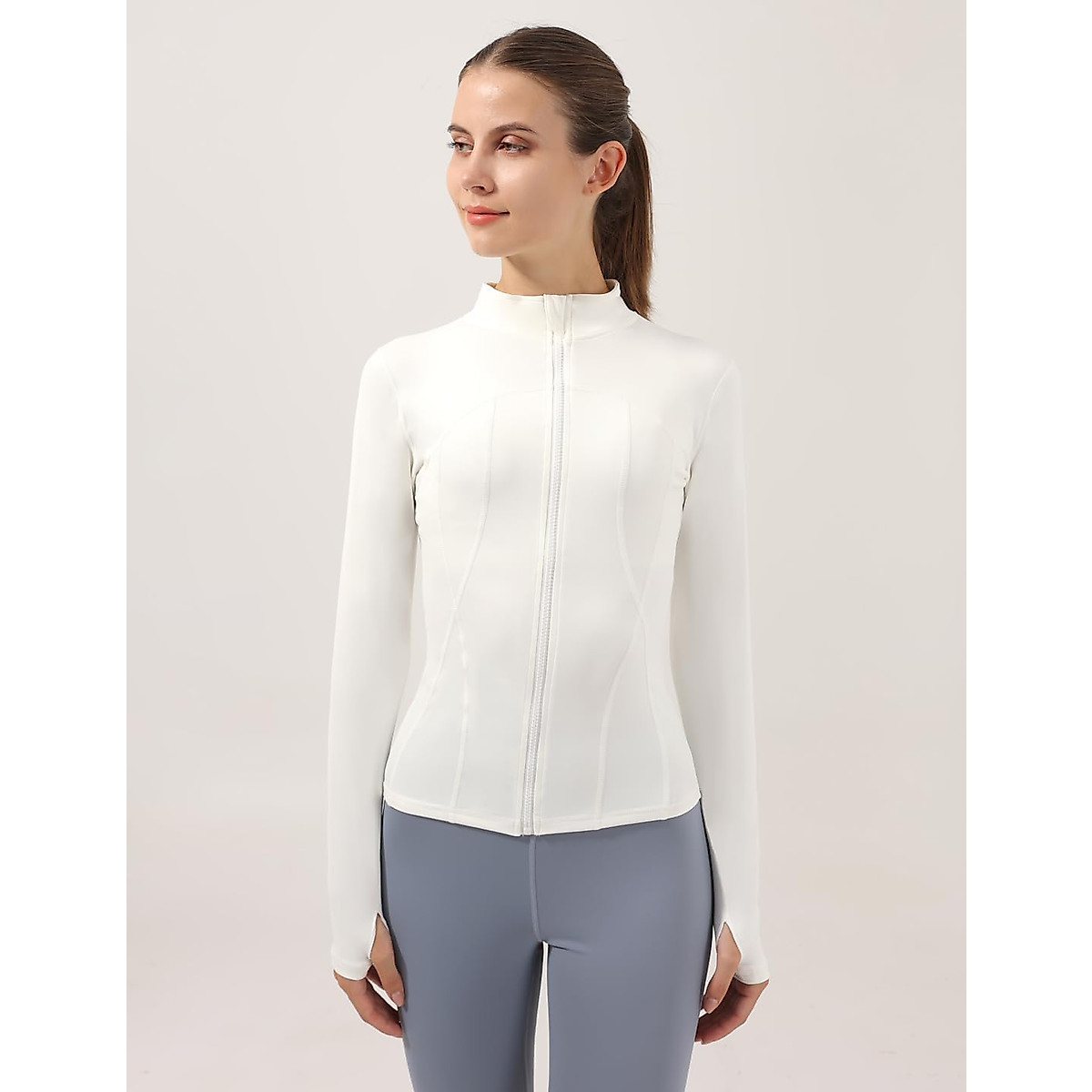 Locachy Women's Slim Fit Full Zip Athletic Running Sports Workout Jacket with Pockets Style 02 White S