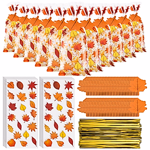 Gueevin 150 Set Fall Leaves Cellophane Treat Bags Goodie Candy Bag Bulk Cookie Bags Cello Bags with Twist Ties Gift Cards Party Favors Bags for Party Supplies